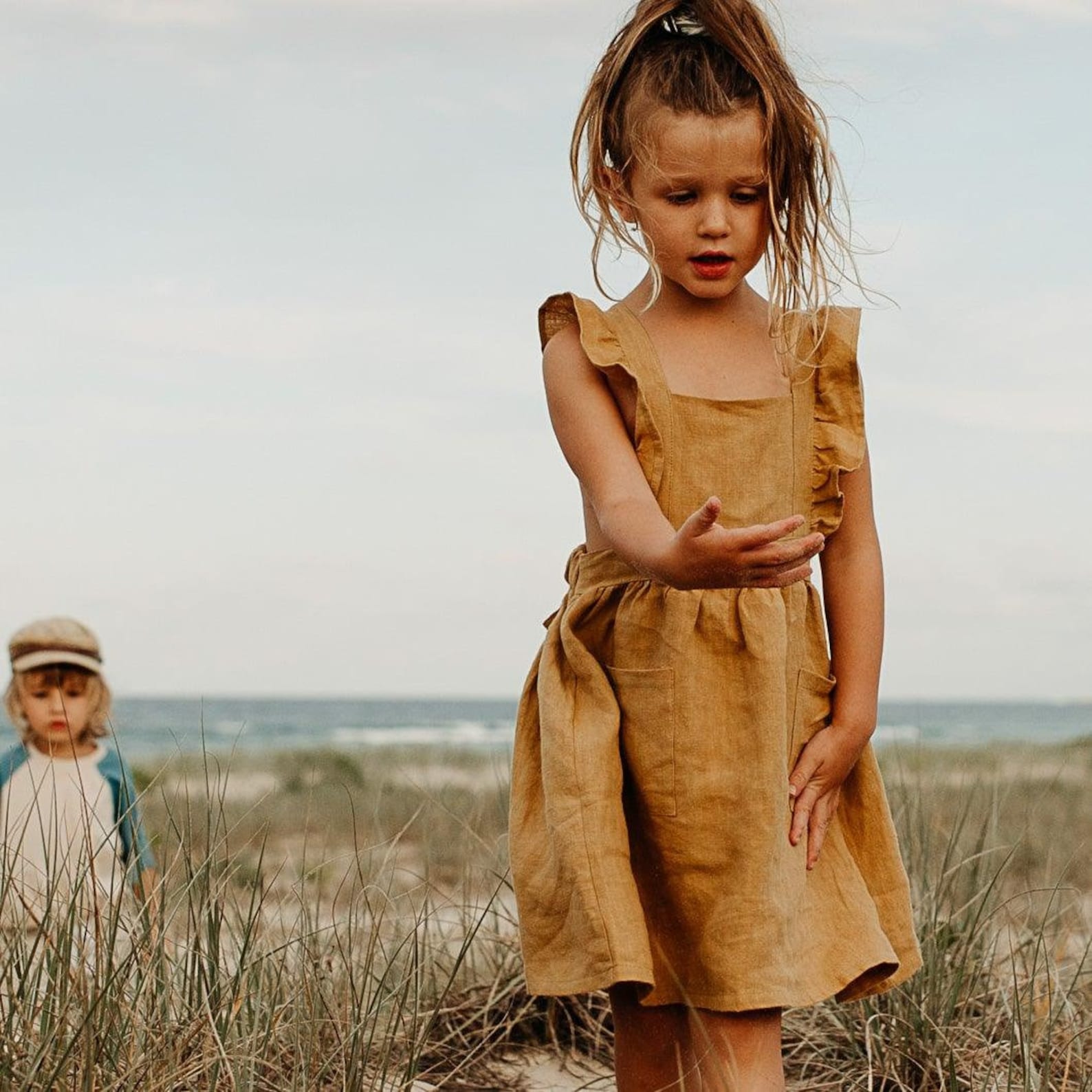 100% Linen Girls Pinafore Pinny Dress Mustard , Dusty Pink, Green and ...