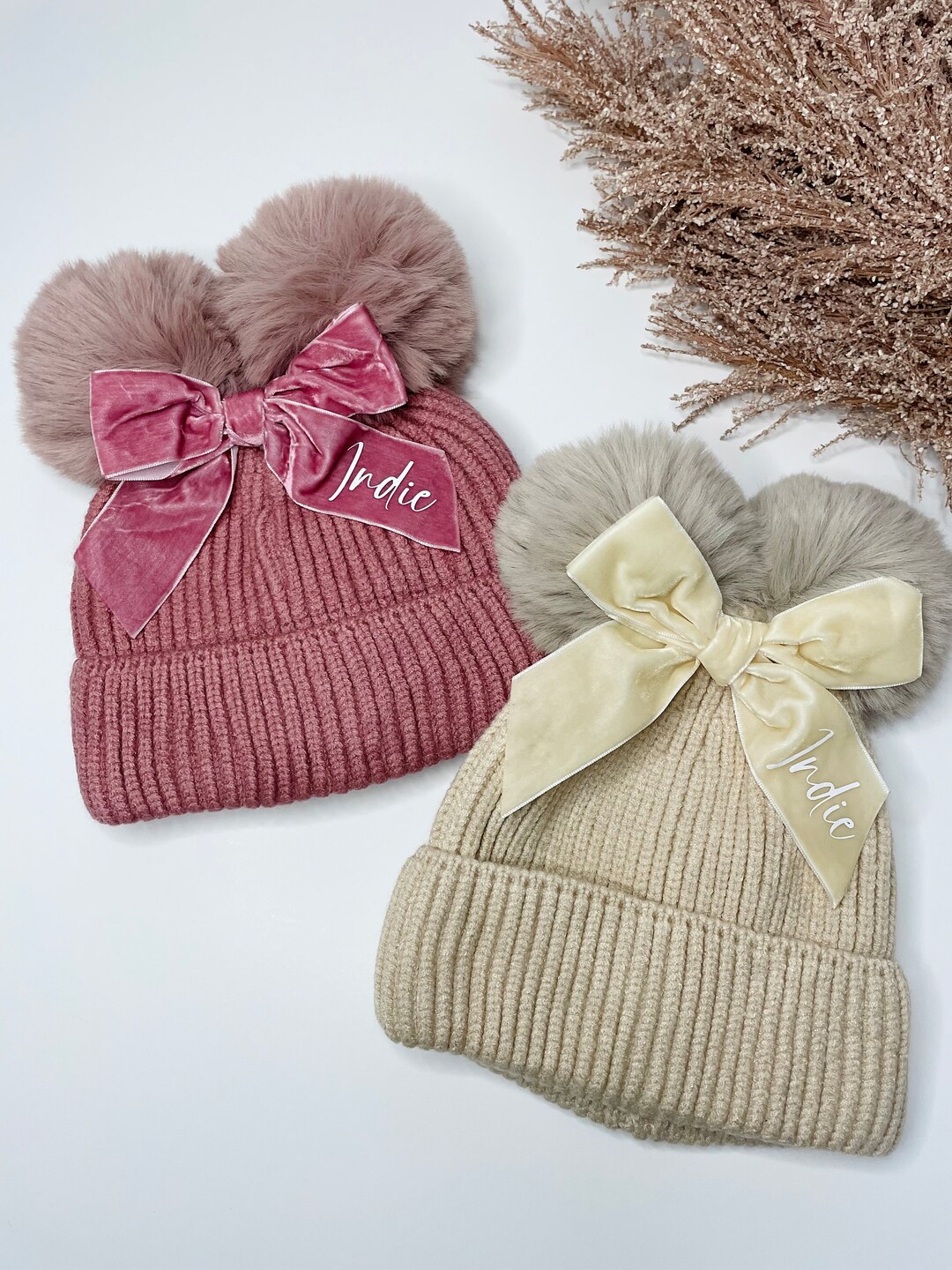 Personalised Double Pom Pom Hat, Girls Pom Pom Hat, Girls Winter Hat ...