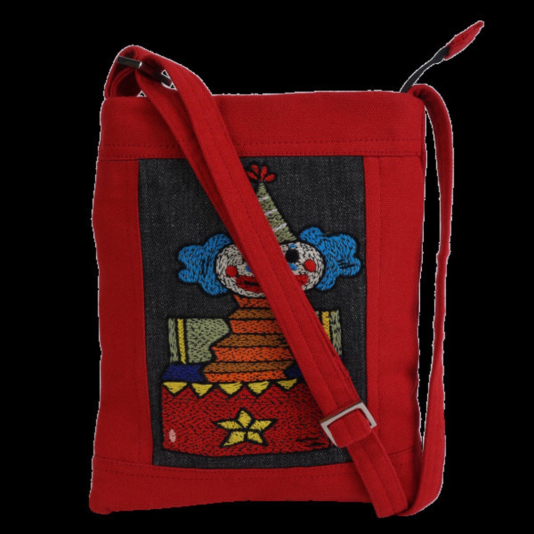 Indha Hand-embroidered Sling Bag |memorable Clown Motif |red Canvas ...