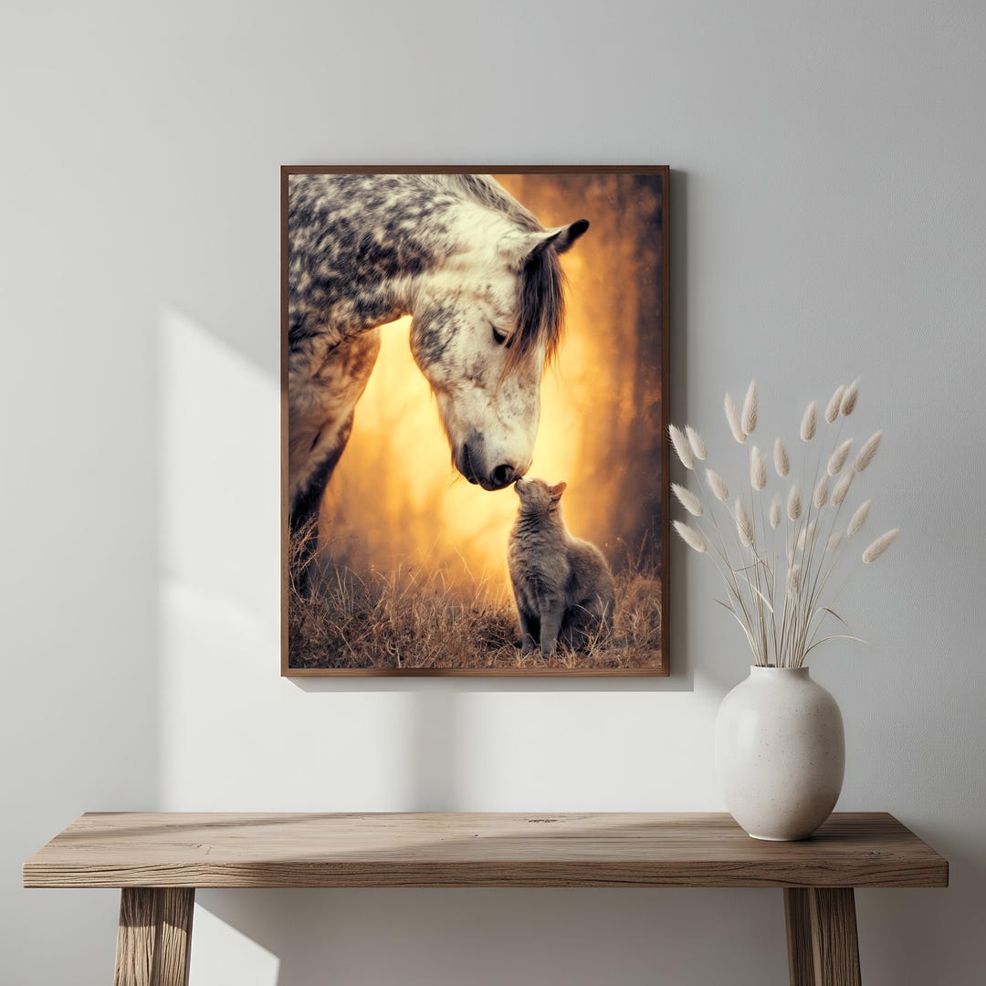 Percheron Horse and Cat Art Print, Farm Animal Friendship Decor, Sunset ...