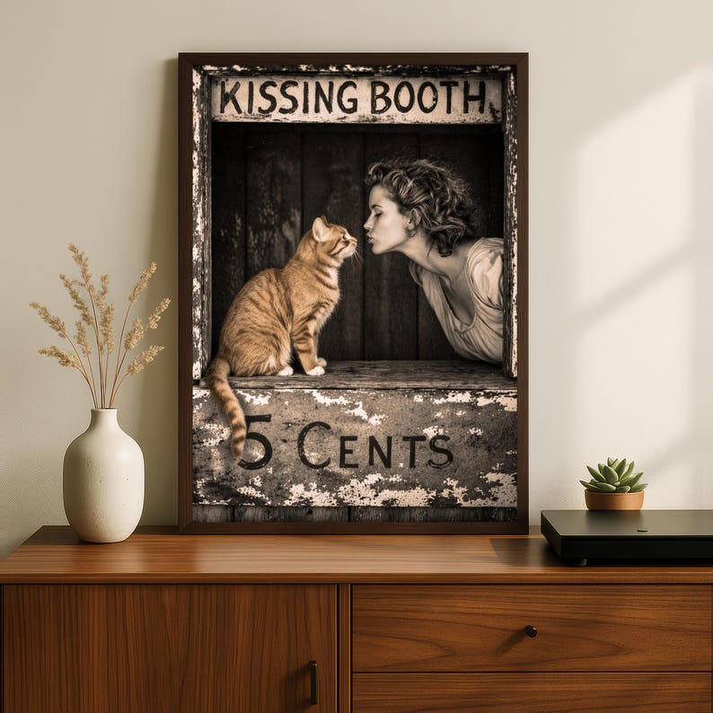 Vintage Orange Tabby Cat Kissing Booth Print, 1950s Black and White Cat ...