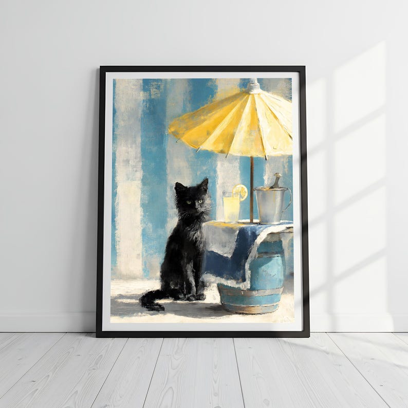 Black Cat Wall Art, Coastal Blue Cat Decor, Summer Cat Art ...