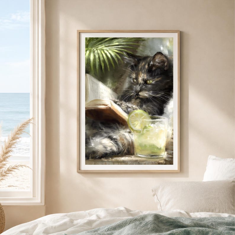 Tortie Cat Wall Art, Coastal Cat Print, Summer Cat Wall Art, Beach ...