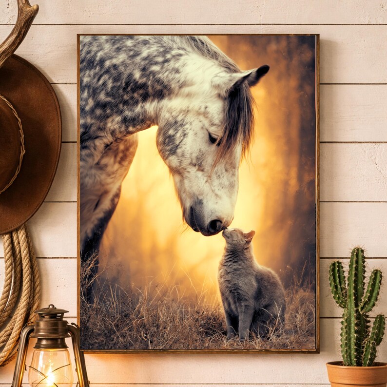Percheron Horse and Cat Art Print, Farm Animal Friendship Decor, Sunset ...