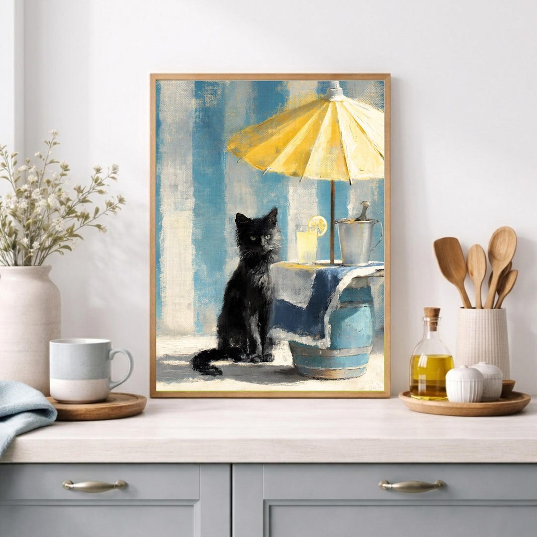 Black Cat Wall Art, Coastal Blue Cat Decor, Summer Cat Art ...