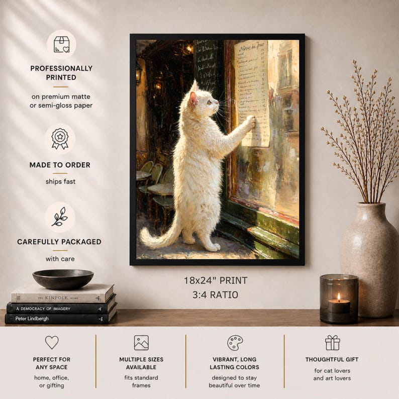 White Cat Kitchen Wall Art, French Cafe Cat Print, Paris Bistro Decor ...