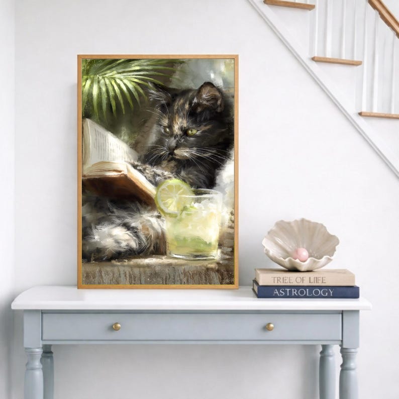 Tortie Cat Wall Art, Coastal Cat Print, Summer Cat Wall Art, Beach ...