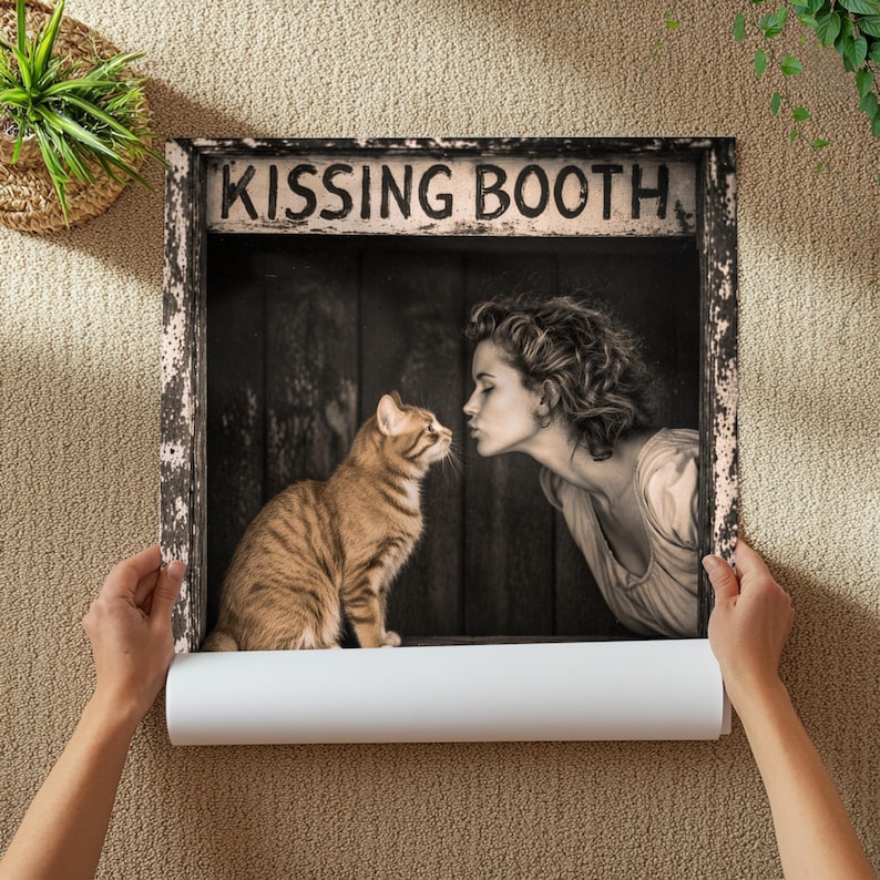 Vintage Orange Tabby Cat Kissing Booth Print, 1950s Black and White Cat ...