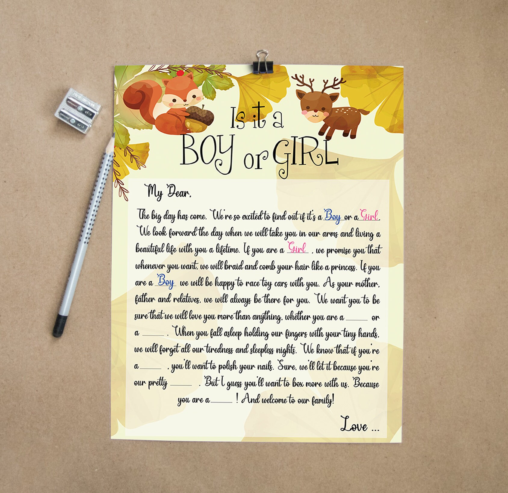 Gender Reveal Ideas " First Letter to the Unborn Baby" Printable Boy or ...