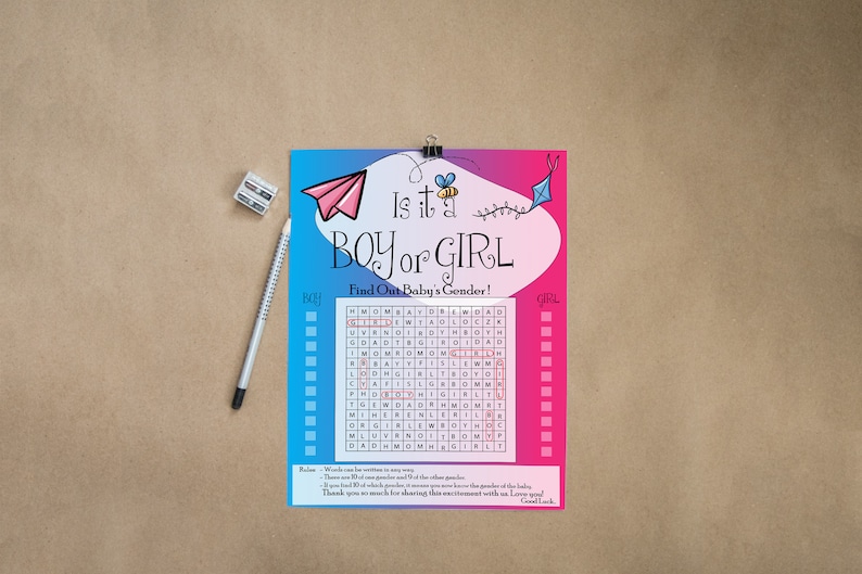 Printable Boy or Girl Gender Reveal Word Search Game With Kite Design ...