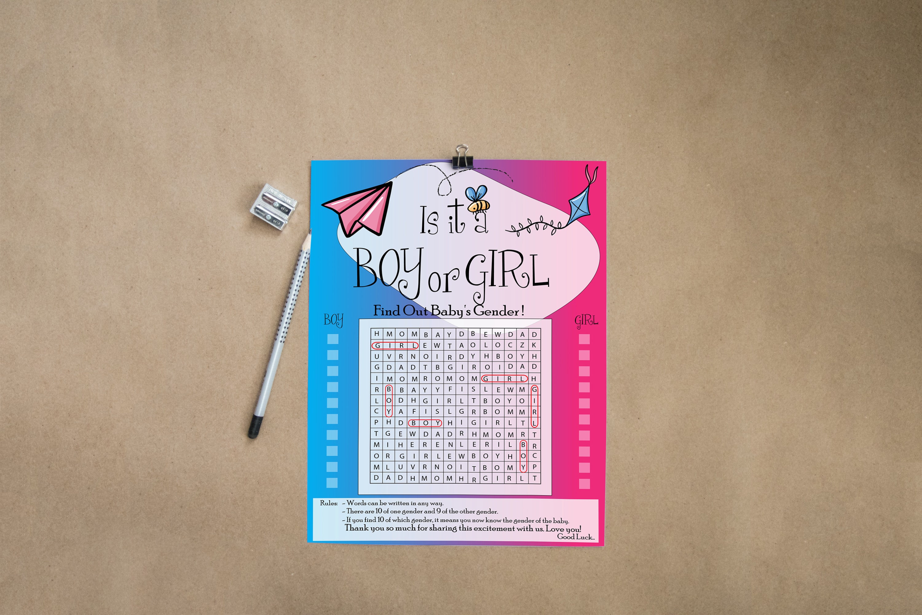 Printable Boy or Girl Gender Reveal Word Search Game With Kite Design ...
