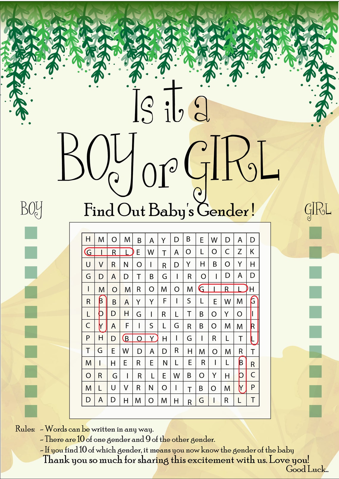 Baby Gender Reveal Word Search Game - Gender Reveal Party Game - Gender ...