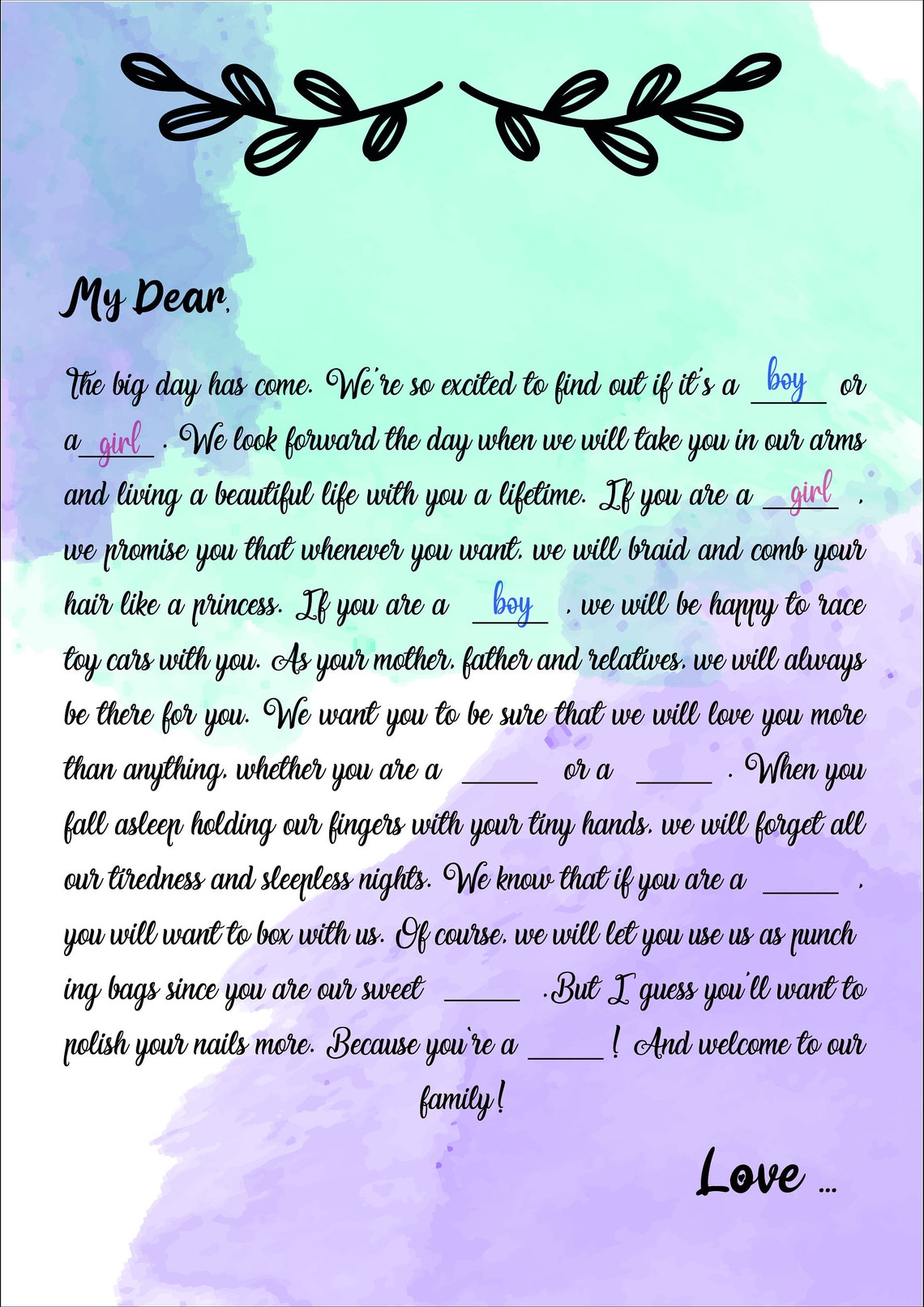 Gender Reveal Party Game " First Letter to the Unborn Baby" Printable ...