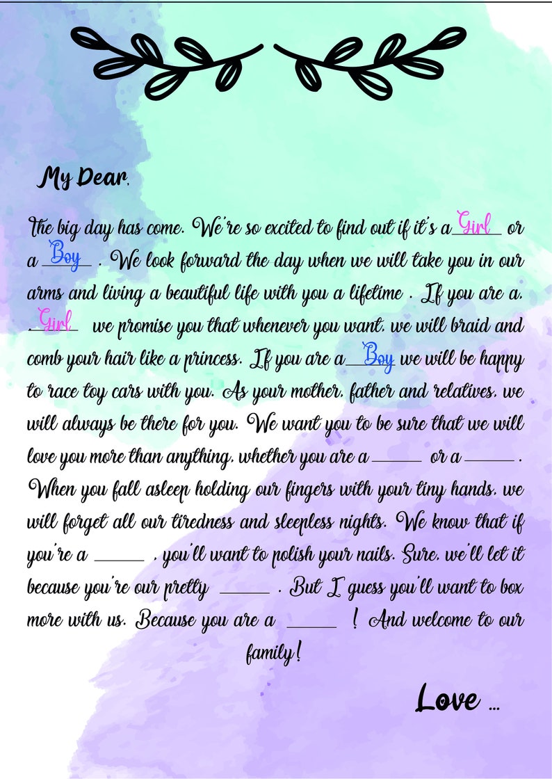 Gender Reveal Party Game " First Letter to the Unborn Baby" Printable ...