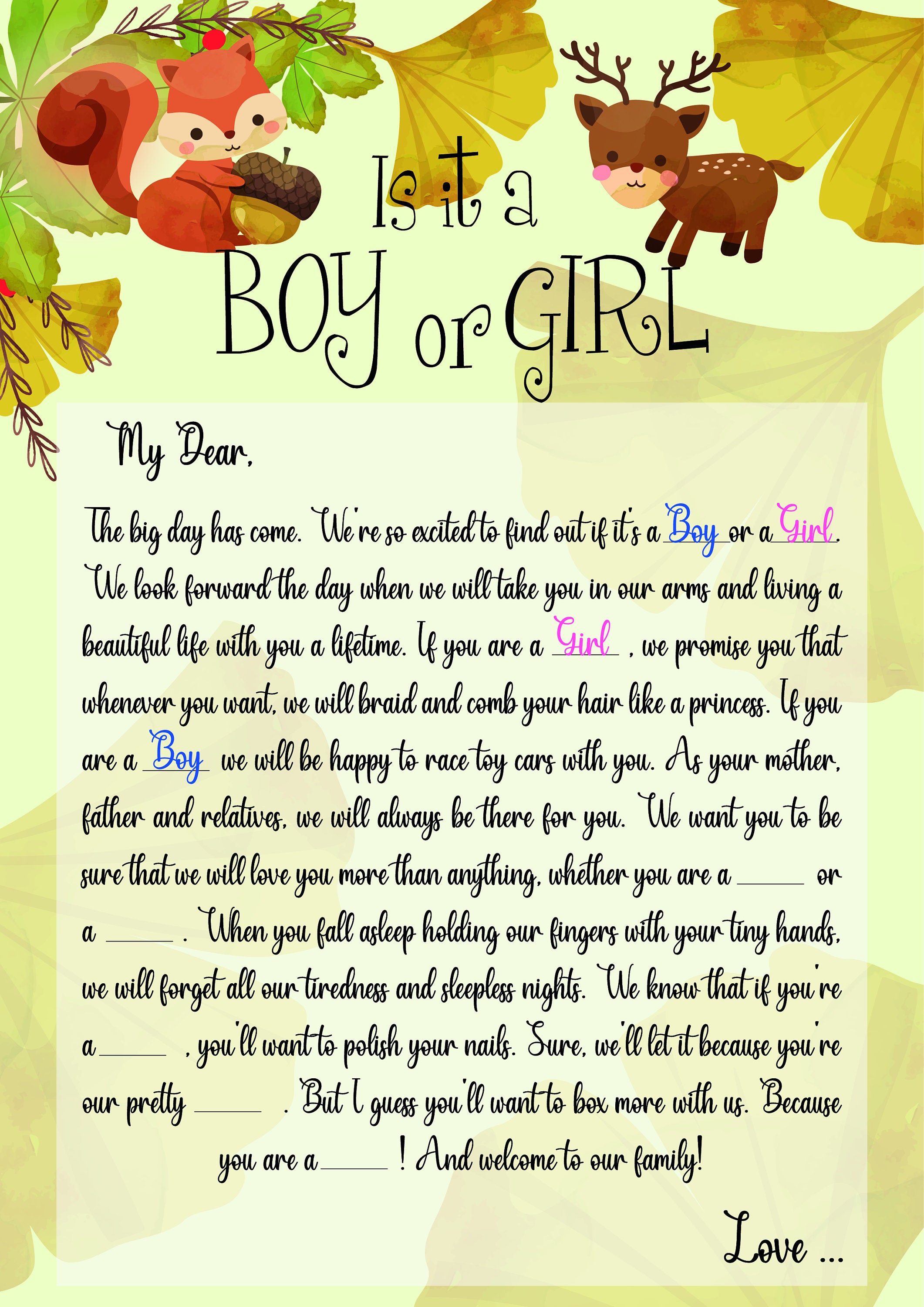 Gender Reveal Ideas " First Letter to the Unborn Baby" Printable Boy or ...