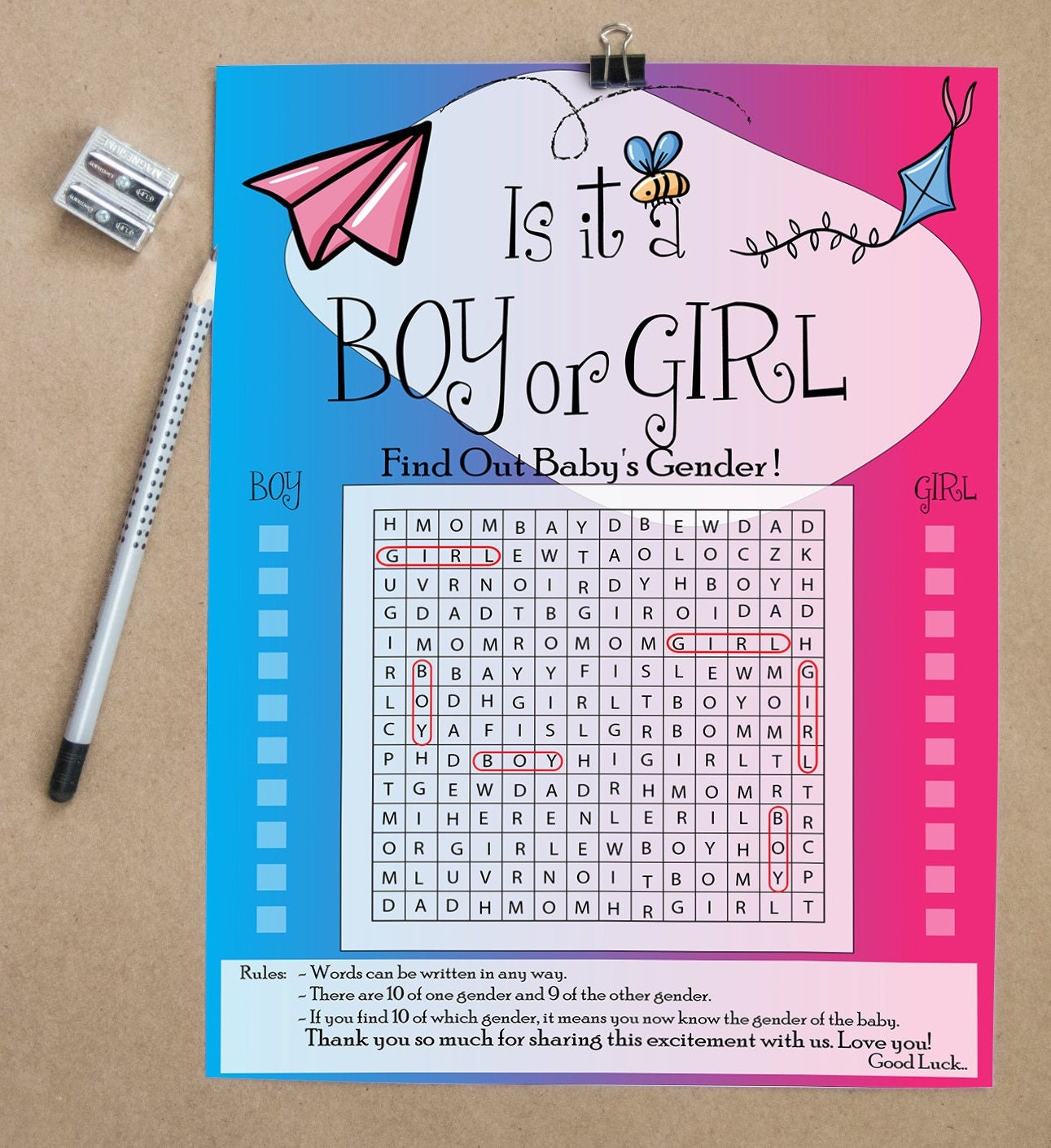 Fake Gender Reveal Party Game - Word Seach Game - Prank Game - Gender ...