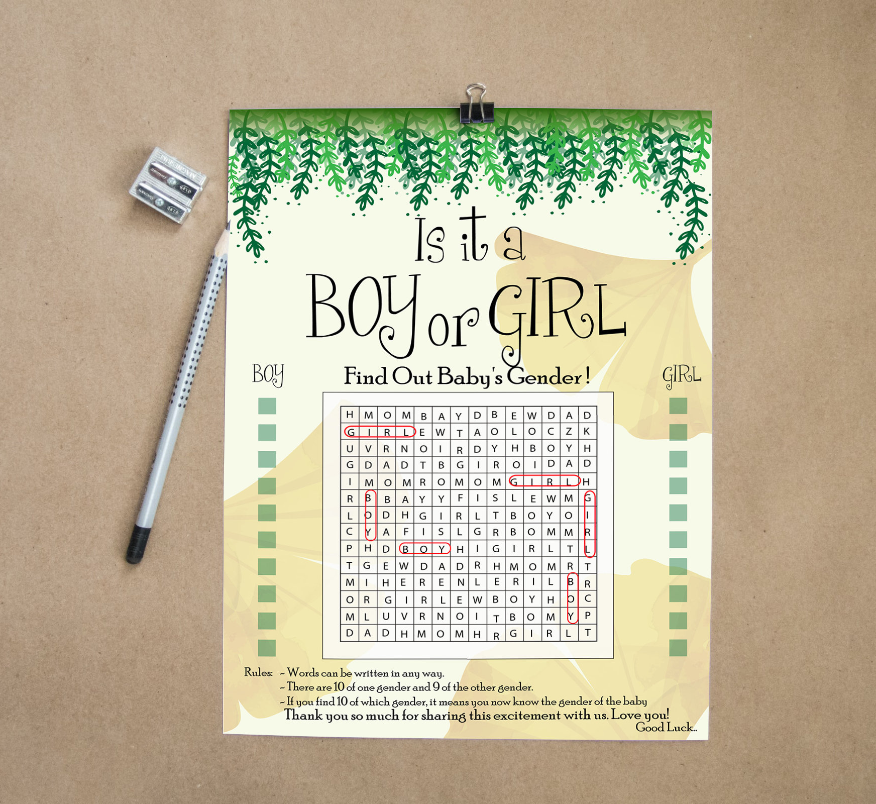 Baby Gender Reveal Word Search Game - Gender Reveal Party Game - Gender ...