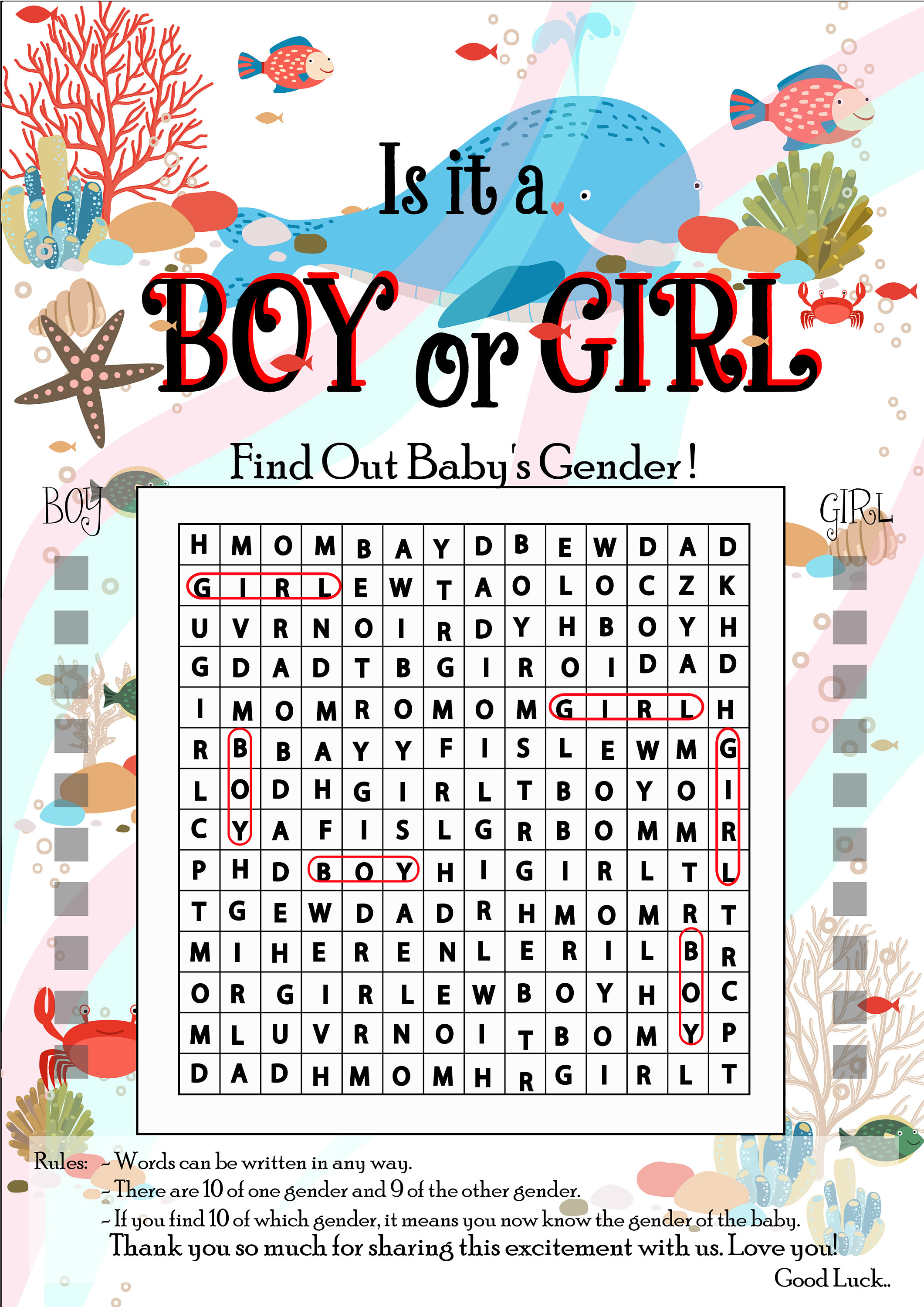 Gender Reveal Crossword Game With Underwater Design - Gender Reveal ...