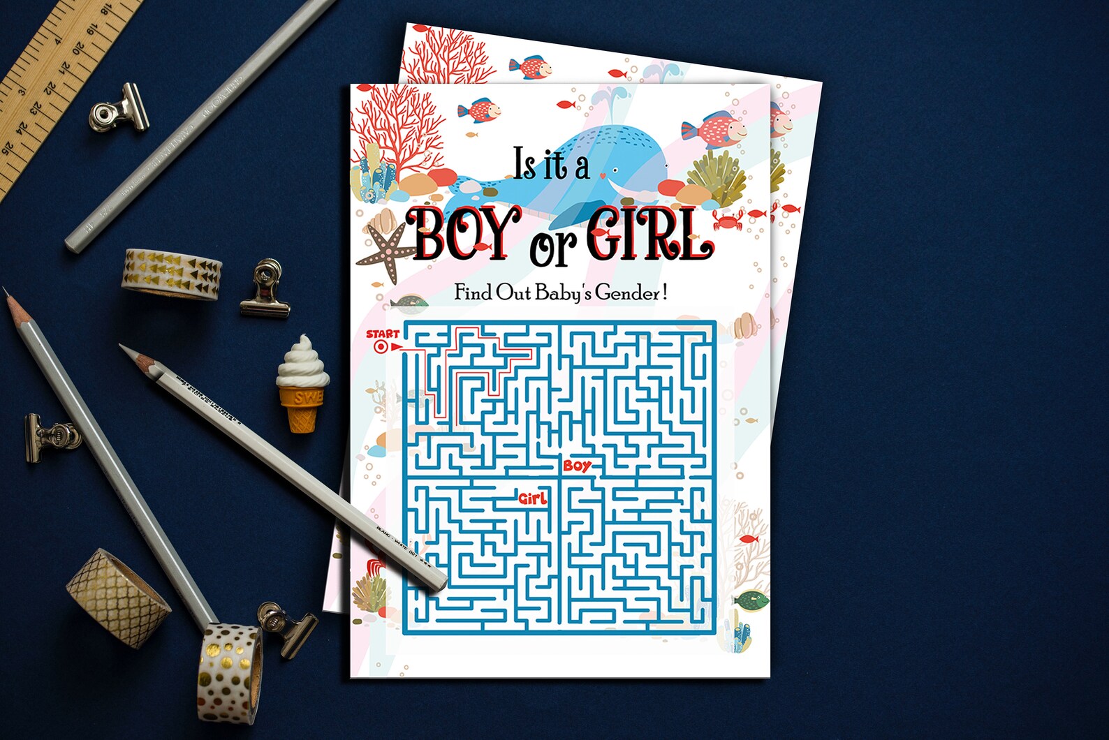 Printable Boy or Girl Gender Reveal Maze Game Ocean Design - Gender ...