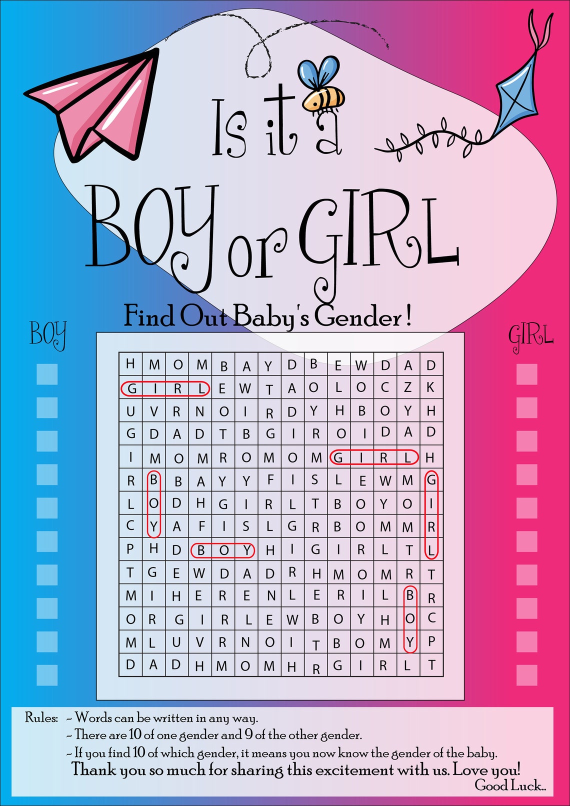 Printable Boy or Girl Gender Reveal Word Search Game With Kite Design ...