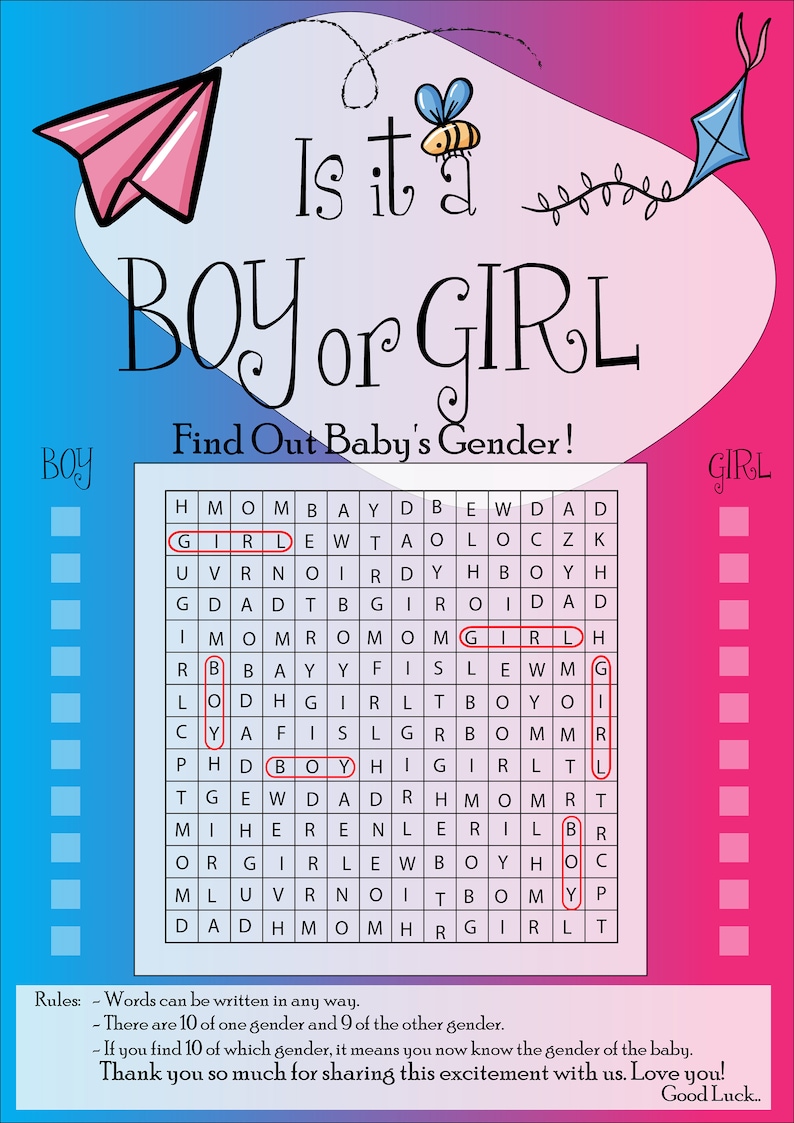 Printable Boy or Girl Gender Reveal Word Search Game With Kite Design ...
