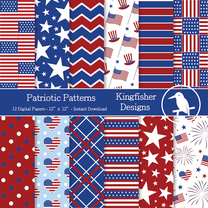 12 American Red, White & Blue Digital Papers Set for Instant Download ...