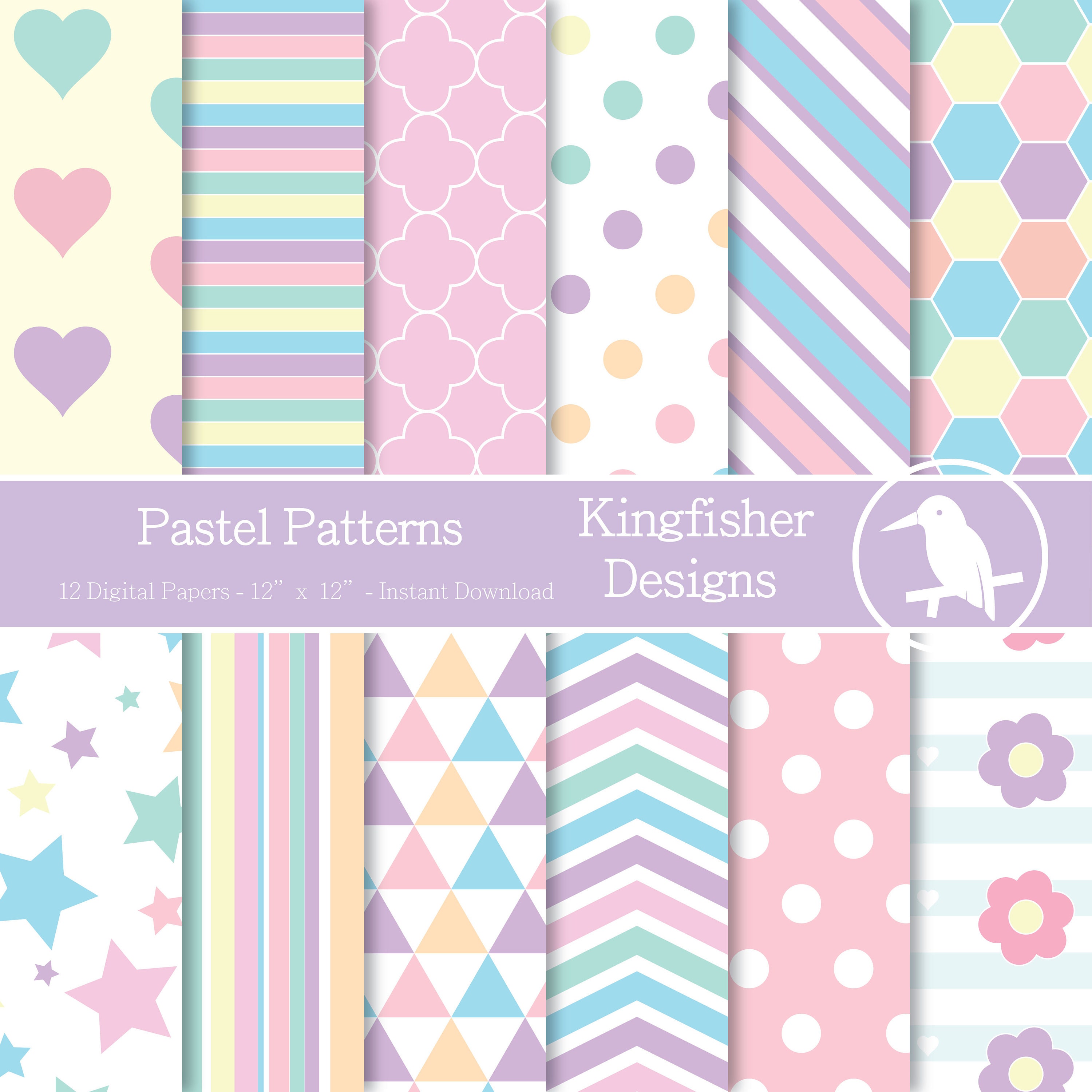 12 Cute Pastel Patterns Digital Papers Set for Instant Download ...