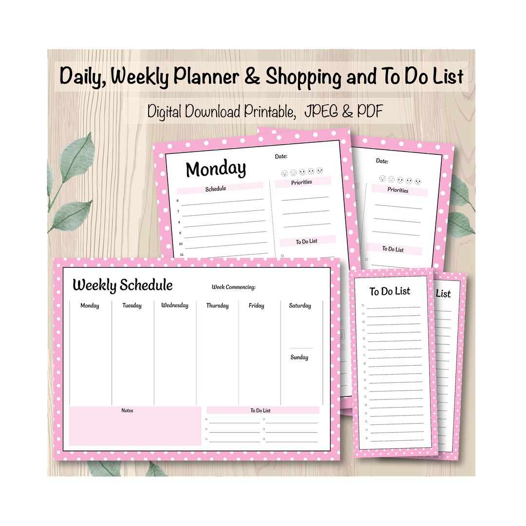 Pink Polka Dots Design Pattern Printable Planner Set Daily and Weekly ...
