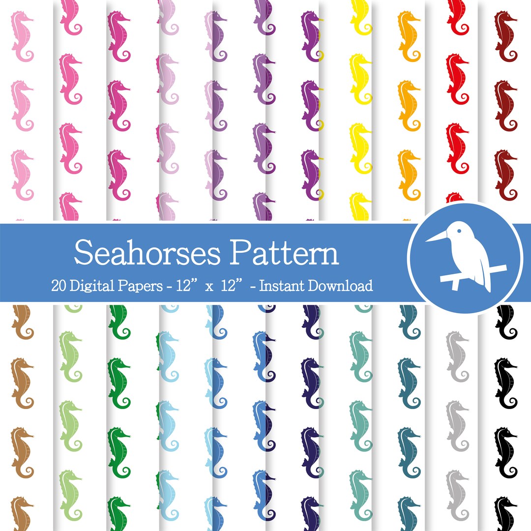 20 Multi-coloured Seahorse Design Digital Papers Set Instant ...