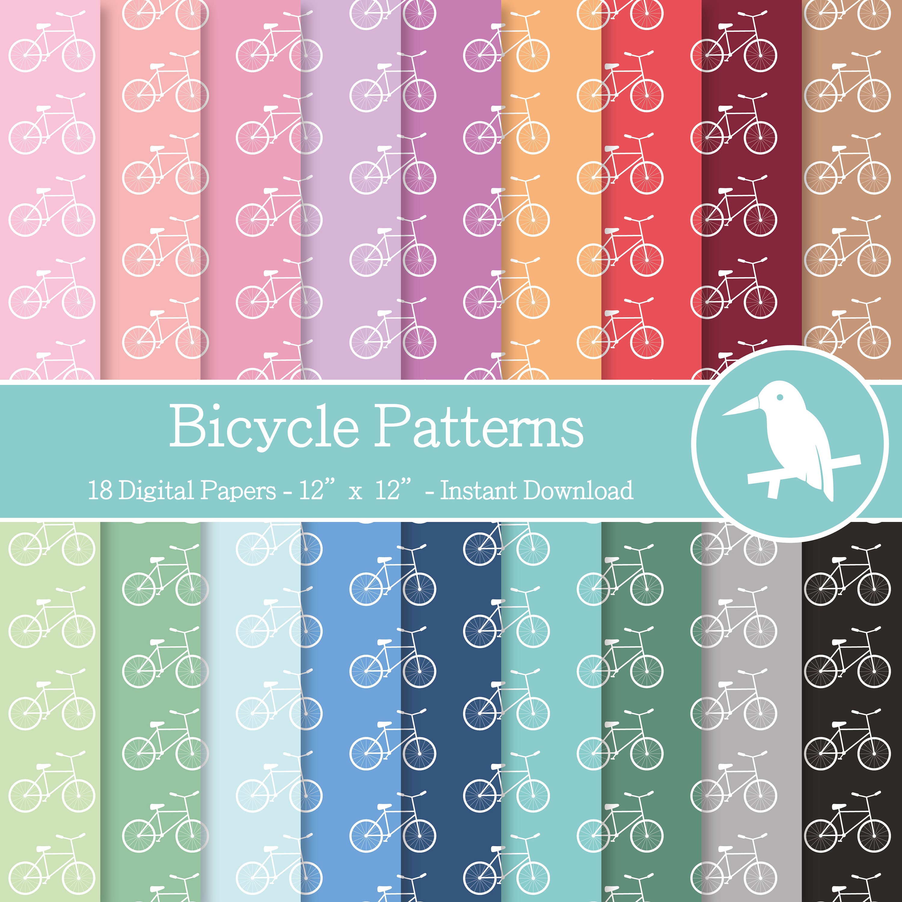 18 Bicycle Design Pattern Digital Papers Set for Instant Download ...
