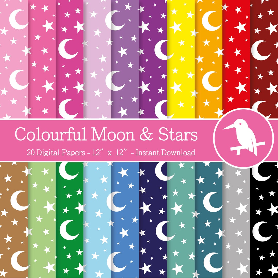20 Colourful Moon and Stars Digital Papers Set for Instant Download ...