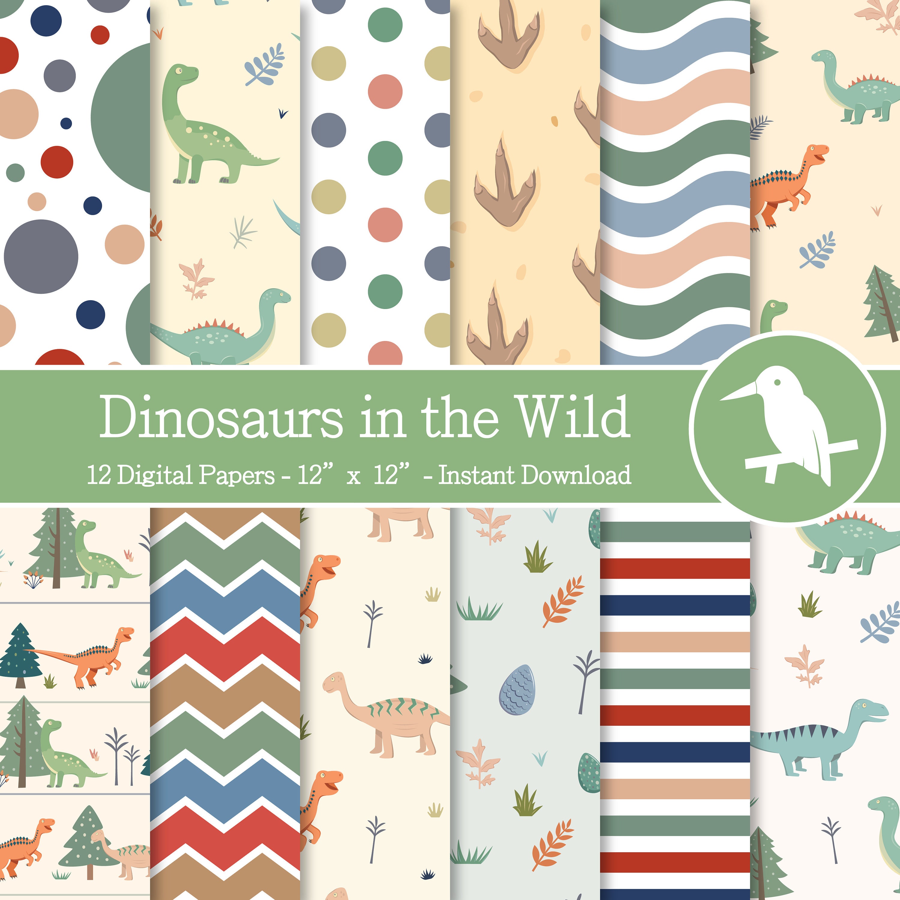 12 Dinosaurs in the Wild Pattern Digital Papers Set, Instant Download ...