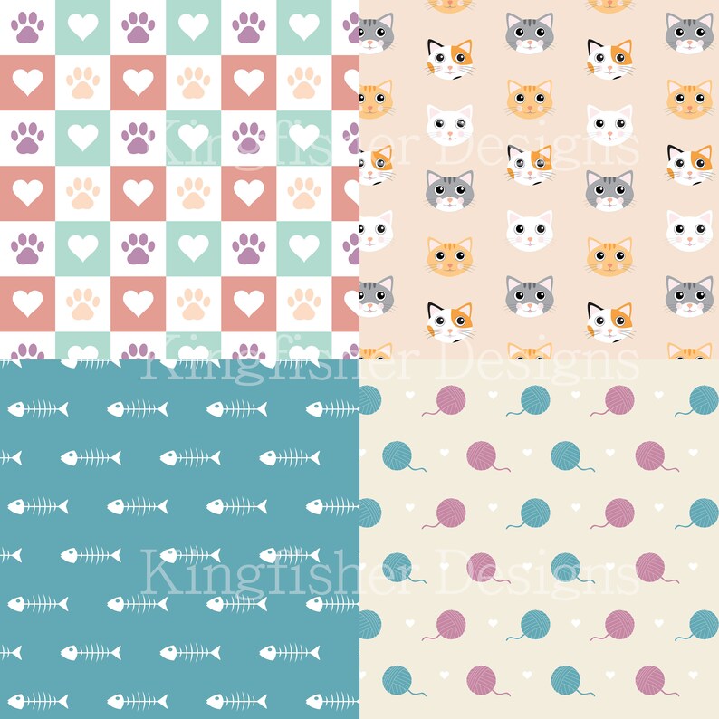 12 Cute Cat Patterns Digital Paper for Instant Download - Scrapbooking ...