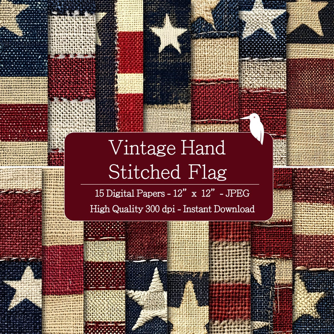 Vintage Hand Stitched Flag Texture Digital Papers Set for Instant ...