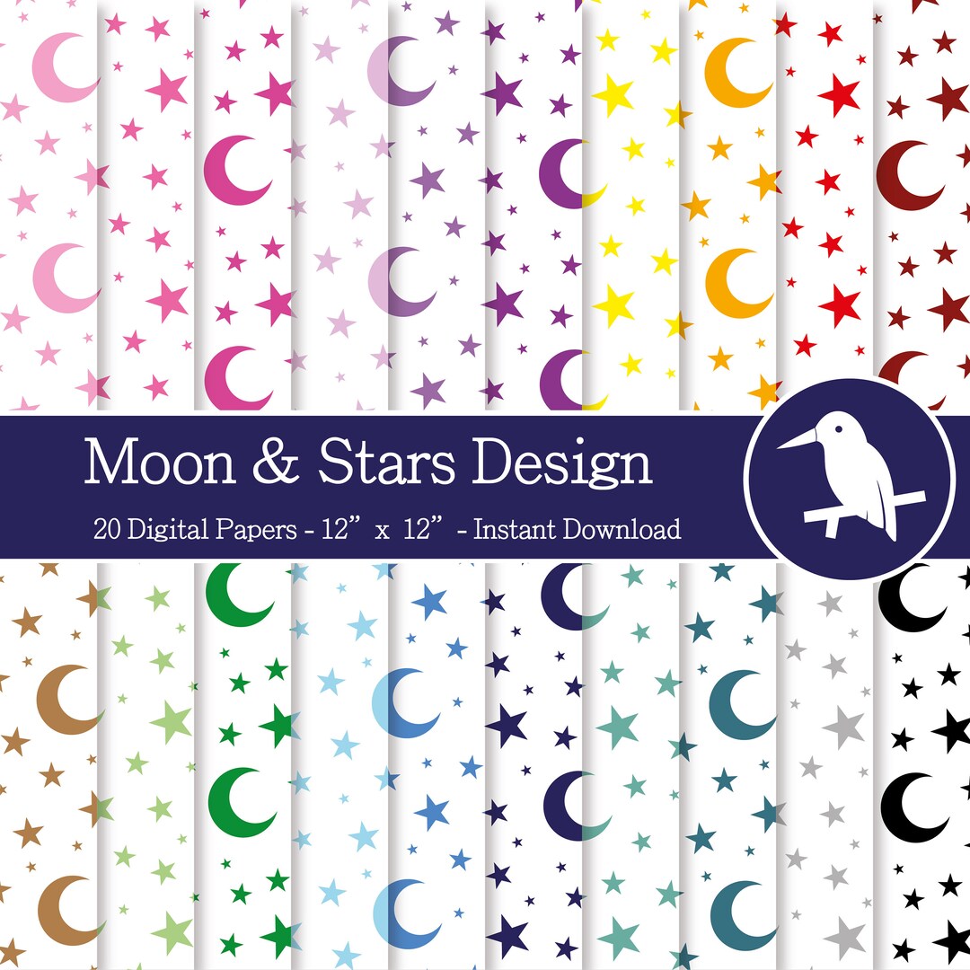 20 Moon and Stars Pattern Digital Papers Set for Instant Download ...
