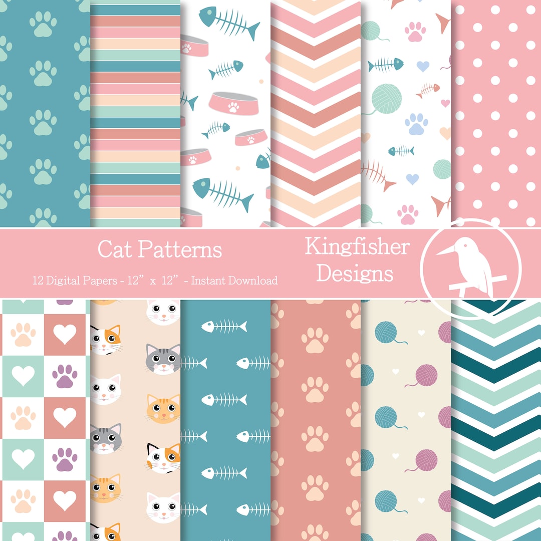 12 Cute Cat Patterns Digital Paper for Instant Download - Scrapbooking ...