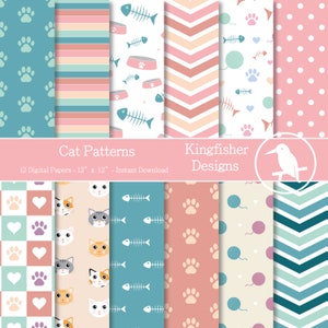 12 Cute Cat Patterns Digital Paper for Instant Download - Scrapbooking ...