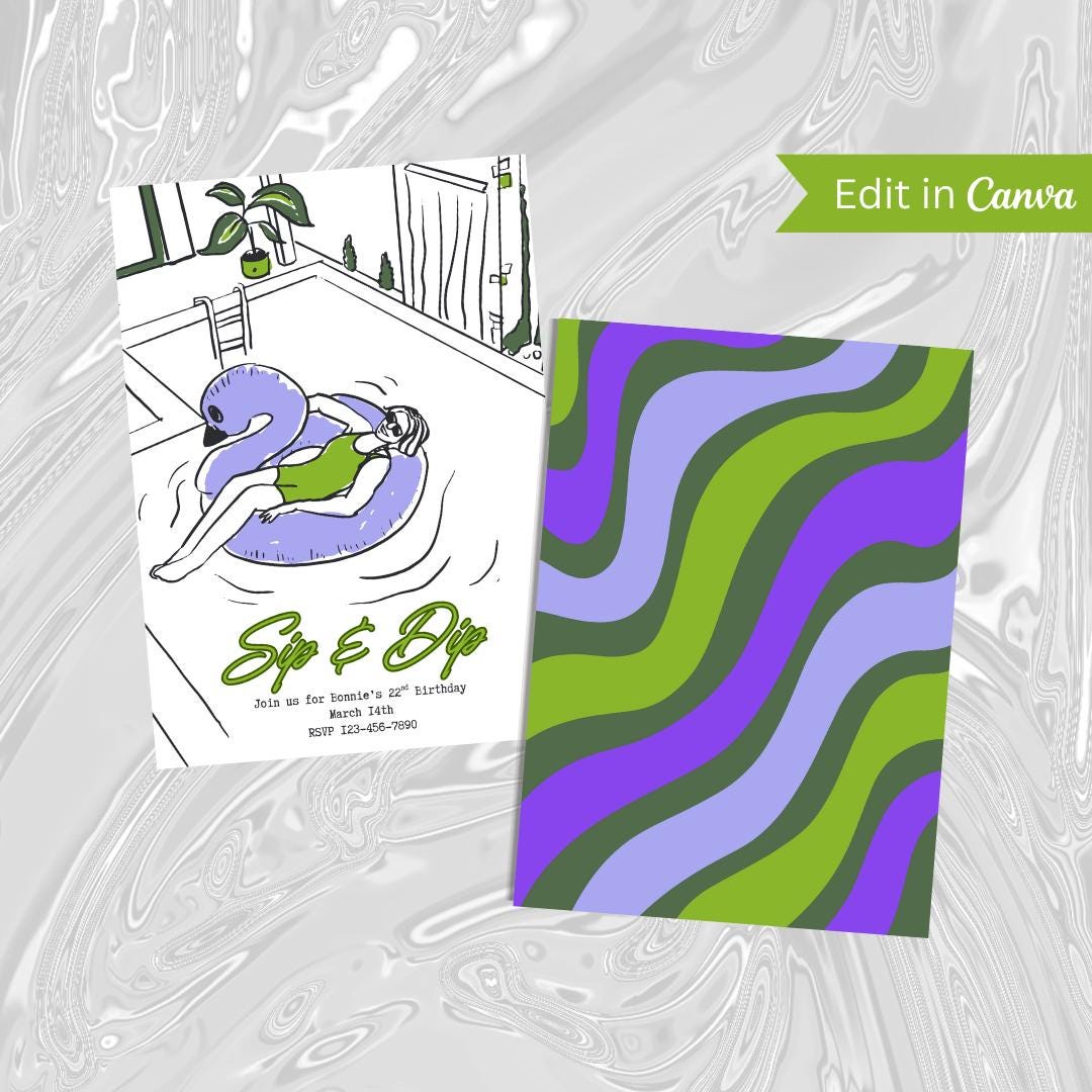 Sip & Dip- Pool Party Birthday Invitation Template (invitation Template, Birthday Invitation ...