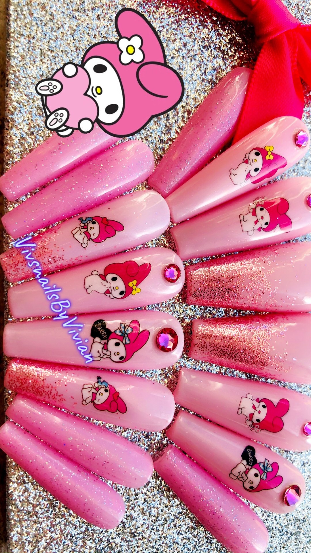 My Melody Pink Glitter Nails Kawaii Etsy