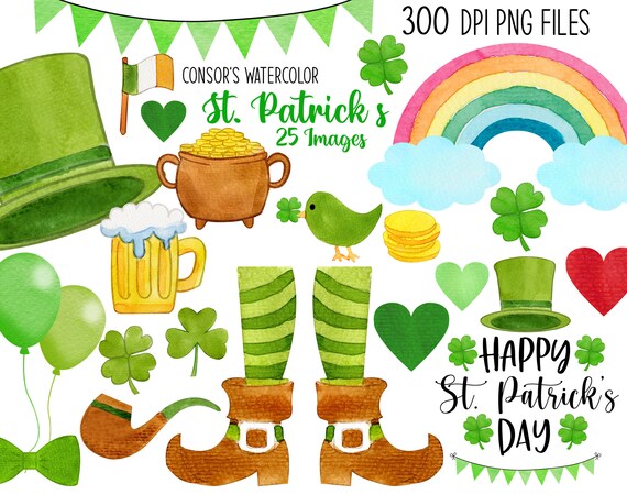 Watercolor St Patricks Day Clipart Cute Shamrock Clip Art | Etsy