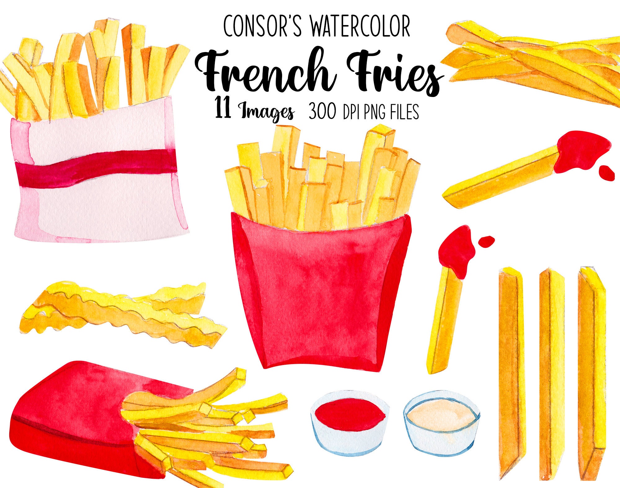 Watercolor French Fries Clipart - Food, Fast Food Clip Art, Ketchup ...