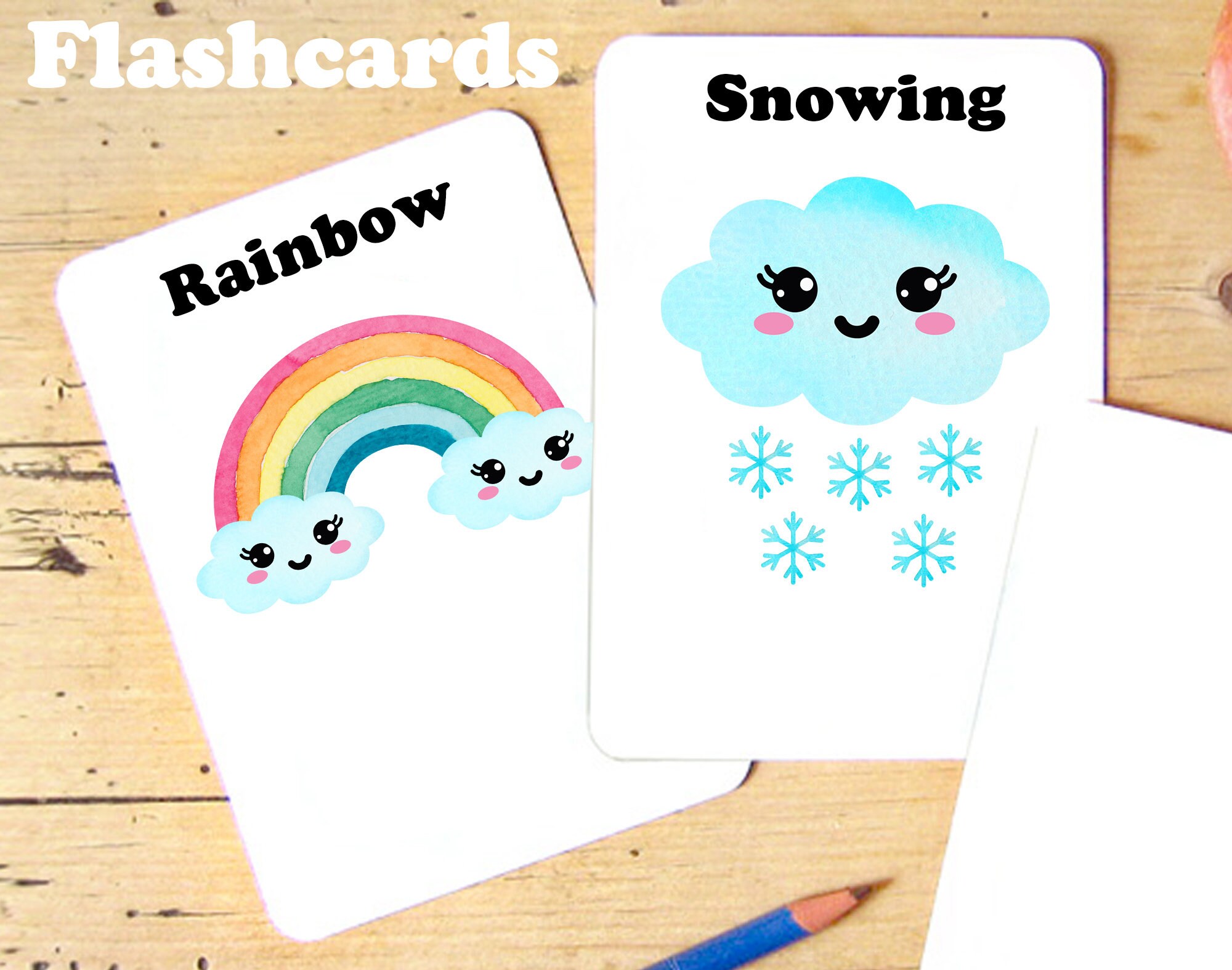 Watercolor Kawaii Weather Clipart - Sun Moon Clouds Rain Snowflake ...
