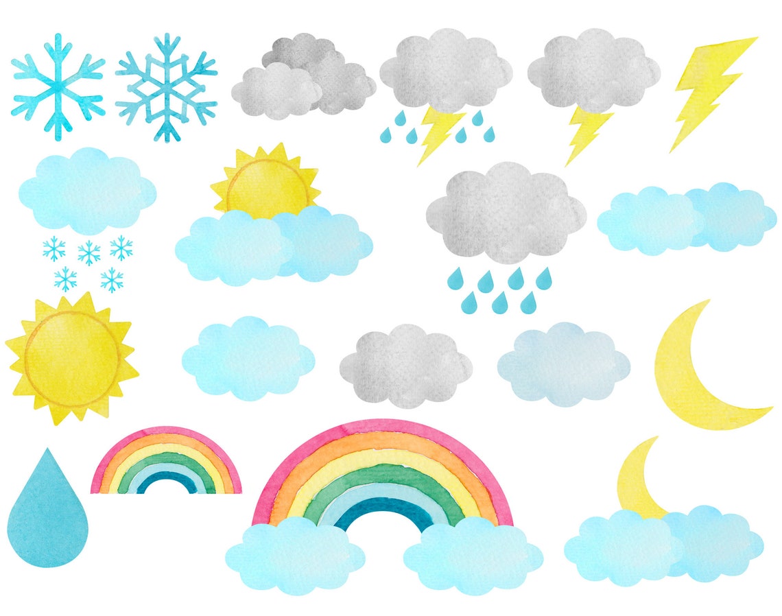 Watercolor Weather Clip Art - Sun Rainbow Moon Clouds Rain Snowflake ...