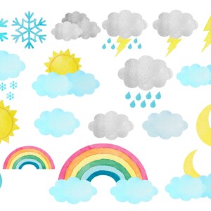 Watercolor Weather Clip Art - Sun Rainbow Moon Clouds Rain Snowflake ...