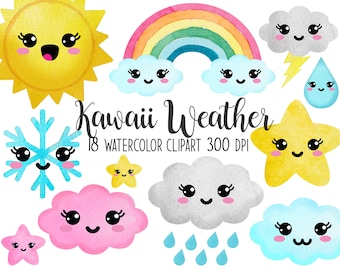 Watercolor Weather Clip Art - Sun Rainbow Moon Clouds Rain Snowflake ...