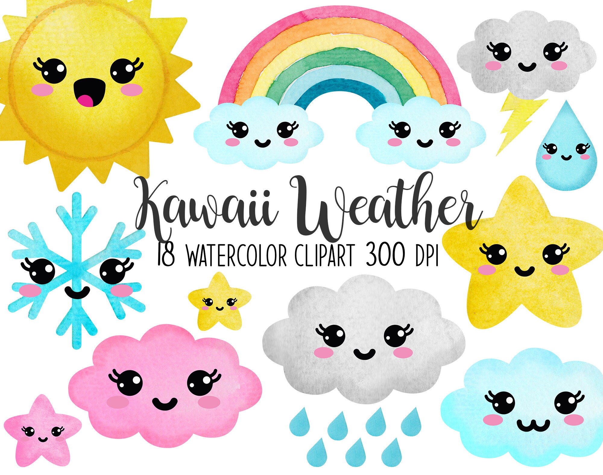 Watercolor Kawaii Weather Clipart - Sun Moon Clouds Rain Snowflake ...