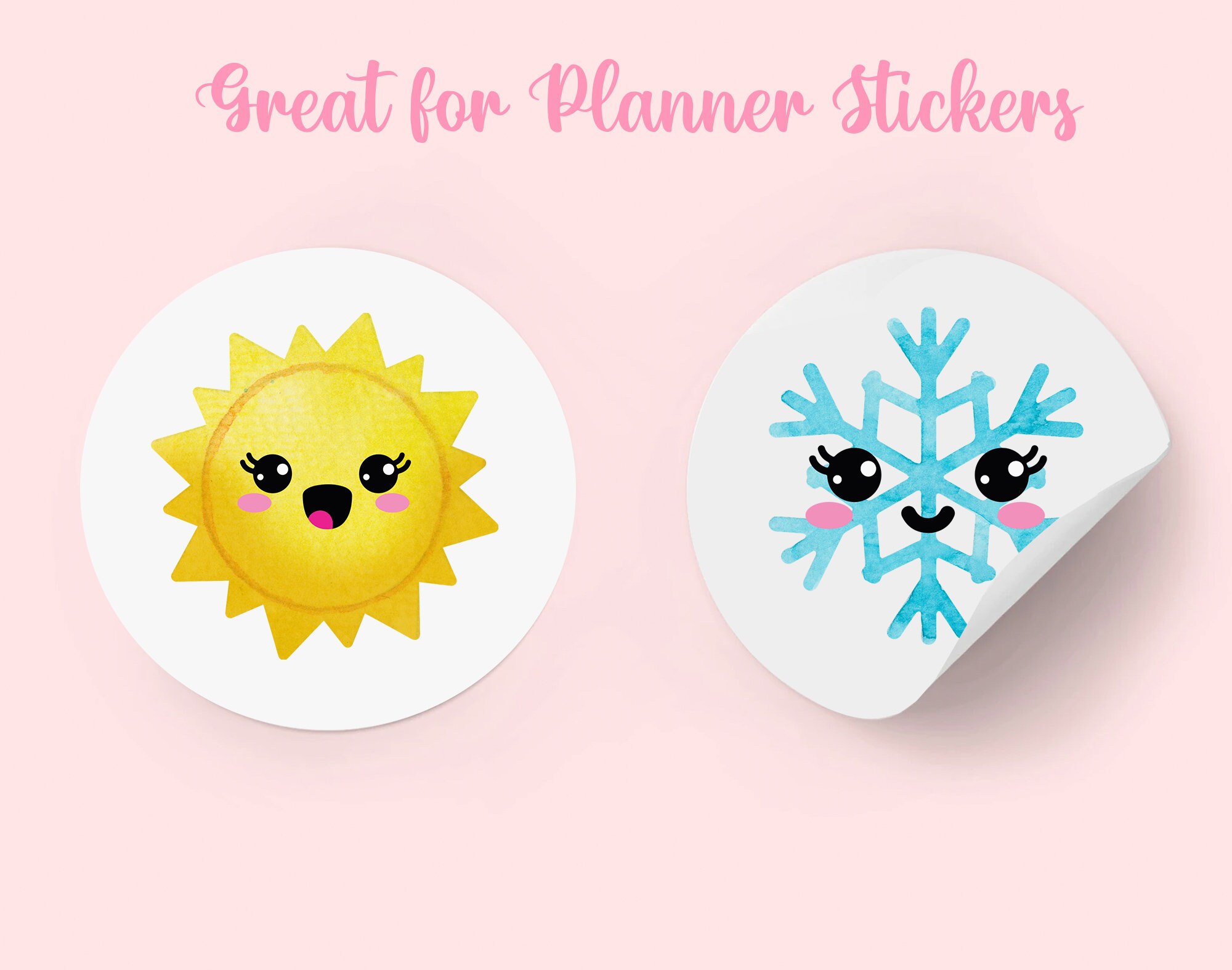 Watercolor Kawaii Weather Clipart - Sun Moon Clouds Rain Snowflake ...