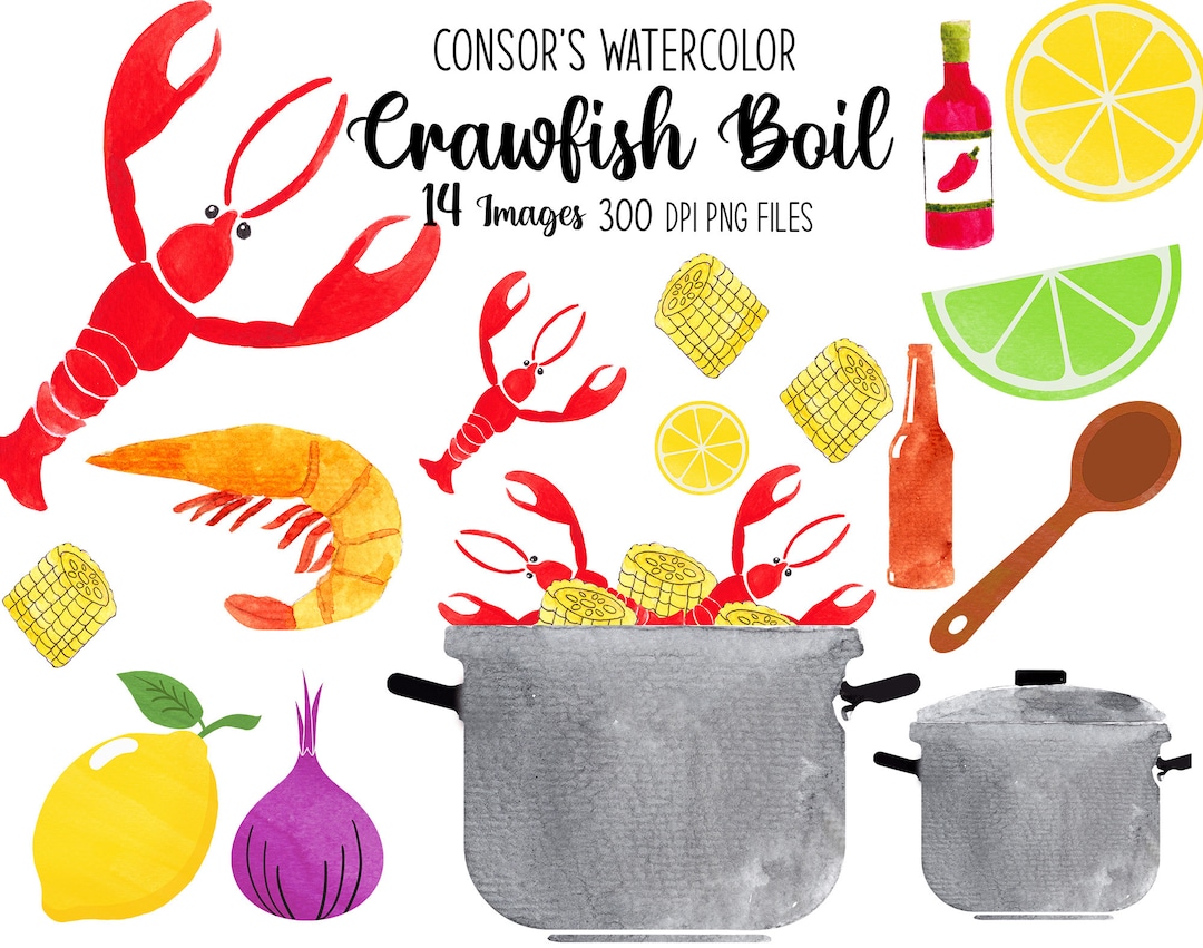 Crawfish Boil Watercolor Clip Art - Summer Seafood Graphics Crawdad ...