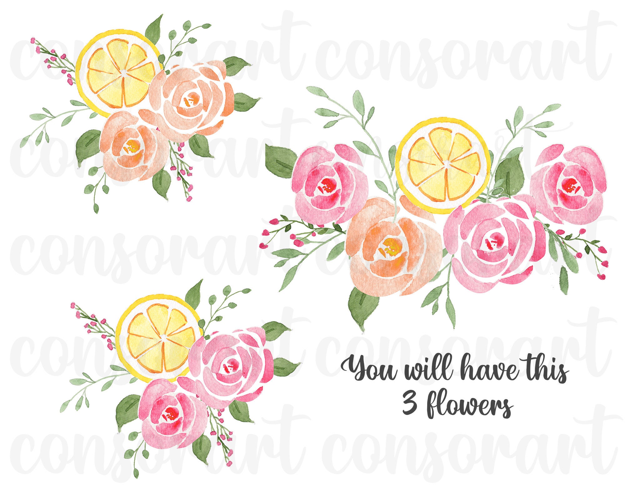 Watercolor Clip Art - Floral Lemon Bouquet Summer Clipart Florals Roses ...