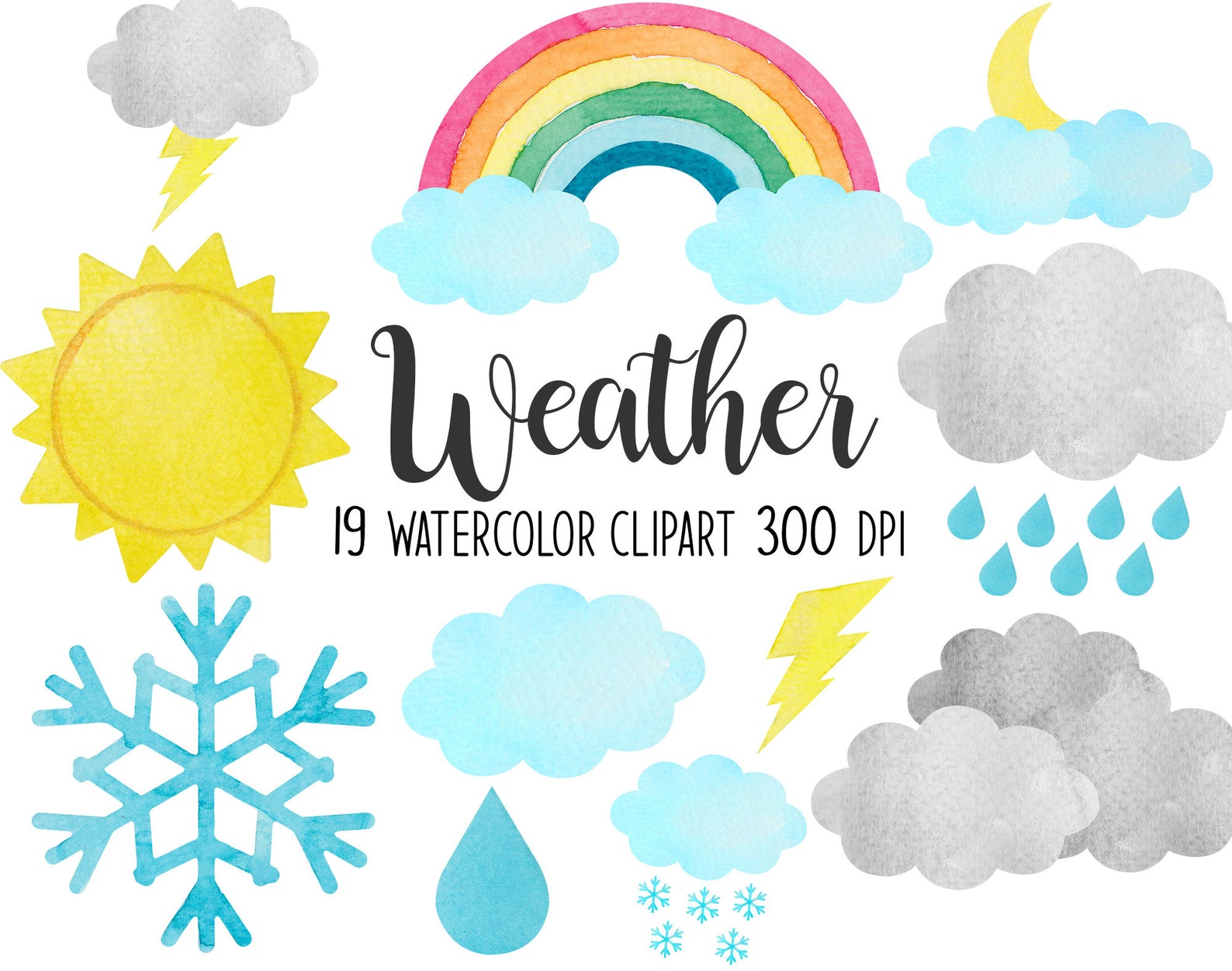 Watercolor Weather Clip Art - Sun Rainbow Moon Clouds Rain Snowflake ...